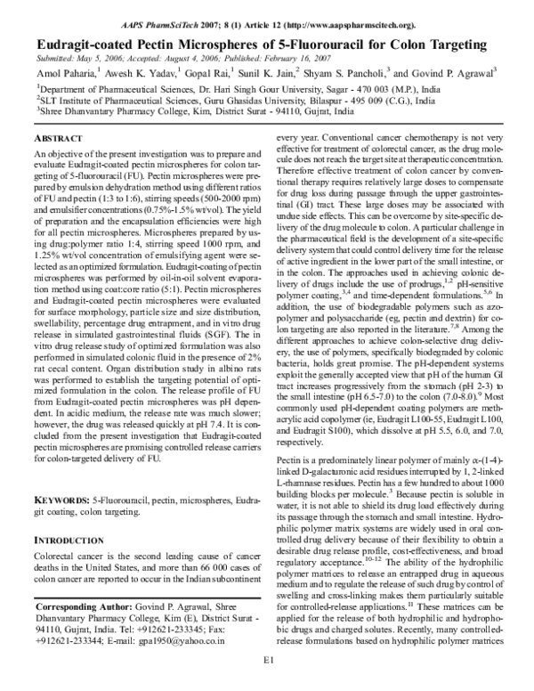 Pdf Eudragit Coated Pectin Microspheres Of 5 Fluorouracil For Colon Targeting