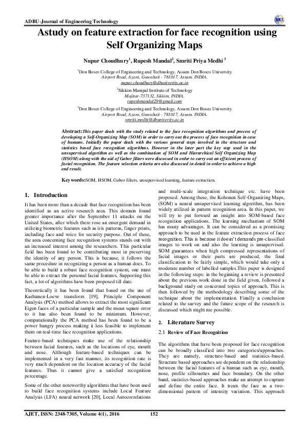 (PDF) Astudy on feature extraction for face recognition using Self Organizing Maps | Smriti ...