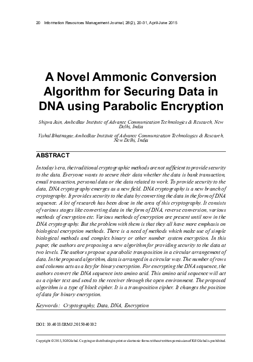(PDF) A Novel Ammonic Conversion Algorithm for Securing Data in DNA using Parabolic Encryption ...