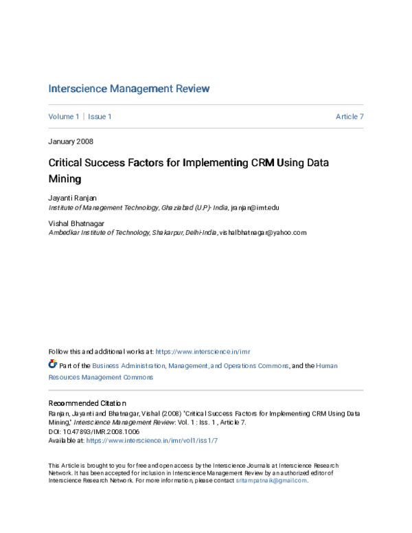 (PDF) Critical Success Factors for Implementing CRM Using Data Mining