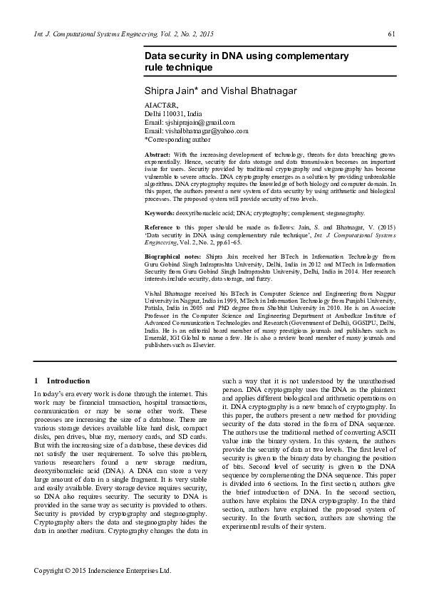 (PDF) Data security in DNA using complementary rule technique