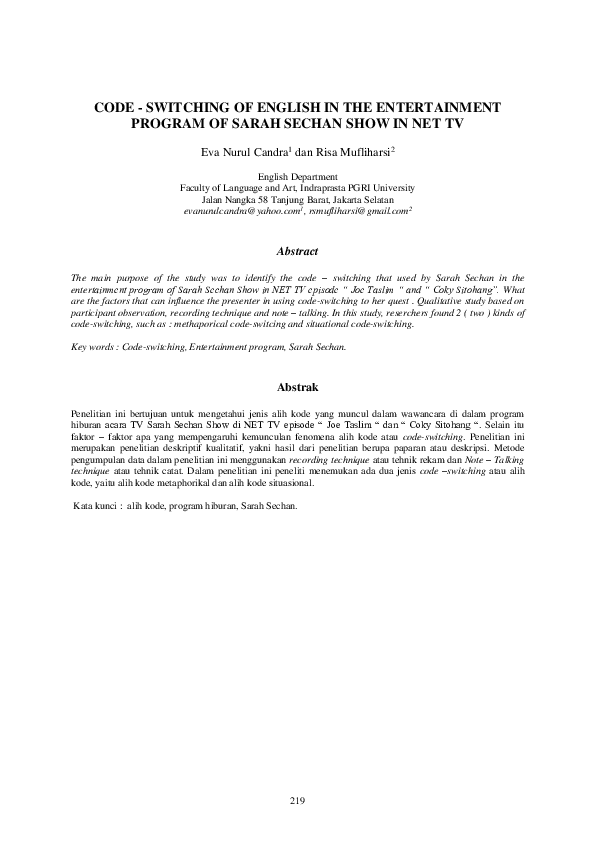 (PDF) Code - Switching of English in the Entertainment Program of Sarah ...