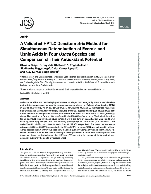 (PDF) A Validated HPTLC Densitometric Method for Simultaneous Determination of Evernic and Usnic ...
