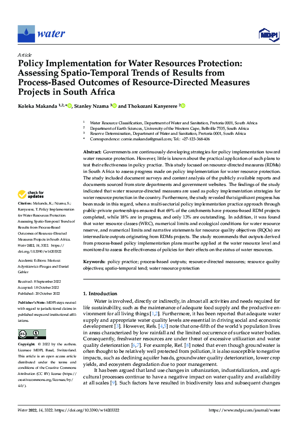 (PDF) Policy Implementation for Water Resources Protection: Assessing ...