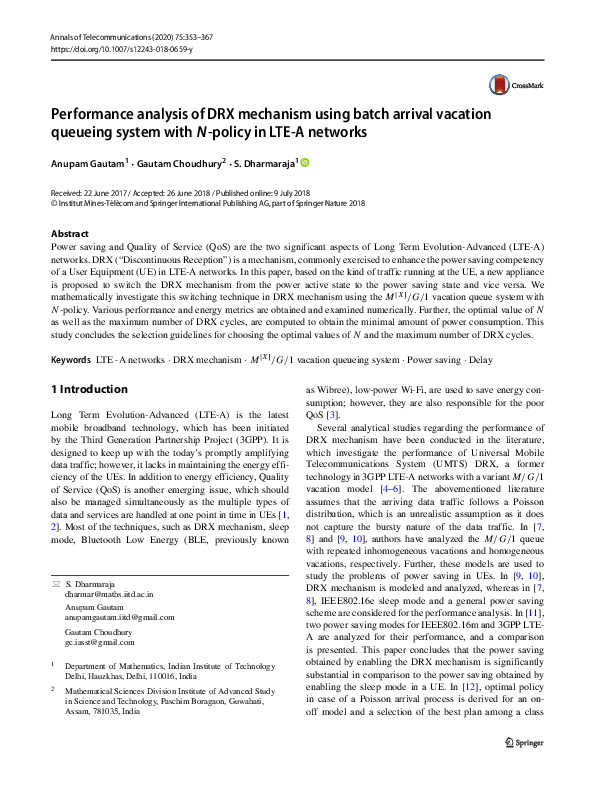 (PDF) Performance analysis of DRX mechanism using batch arrival vacation queueing system with N ...
