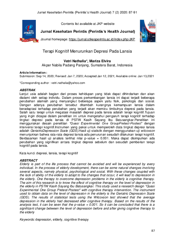 (PDF) Terapi Kognitif Menurunkan Depresi Pada Lansia