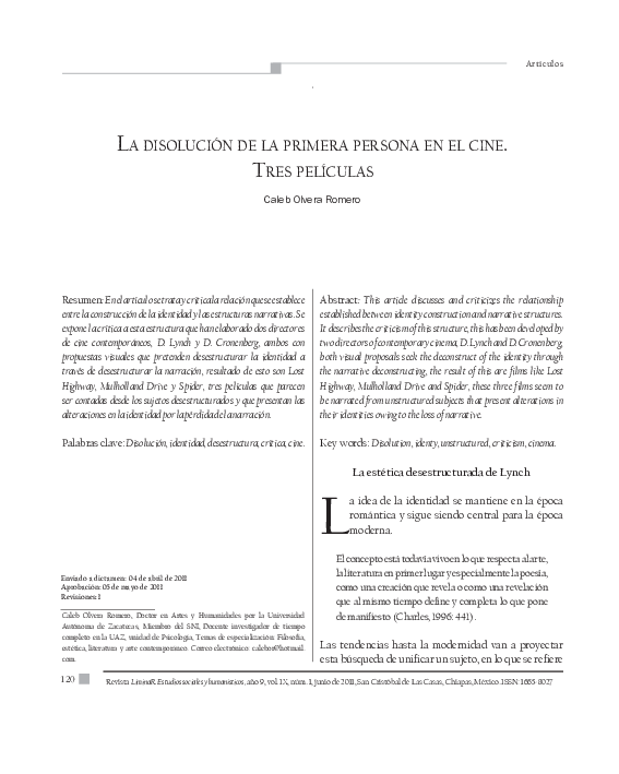 (PDF) La disolución de la primera persona en el cine. Tres películas ...