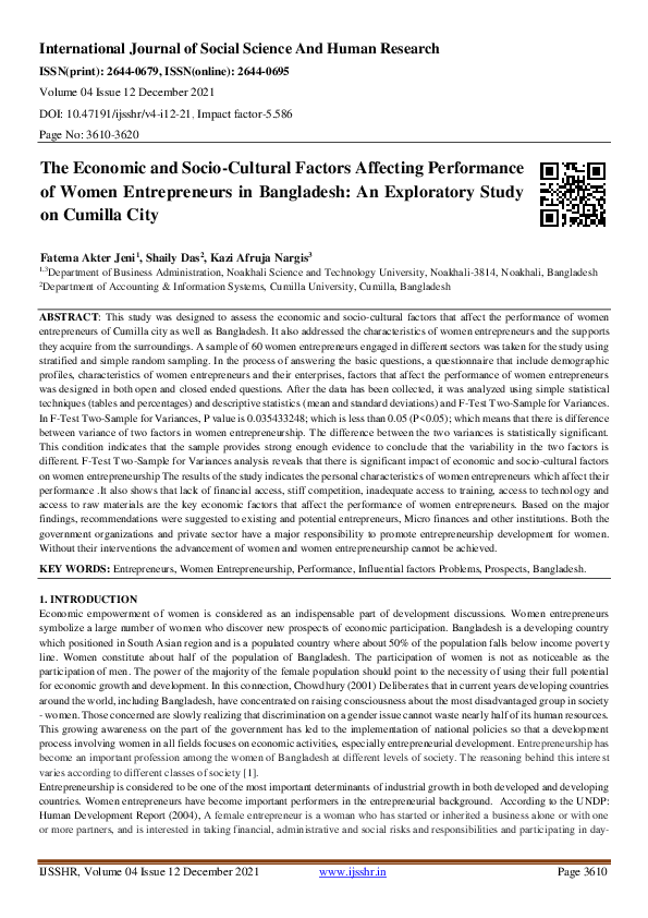(PDF) The Economic and Socio-Cultural Factors Affecting Performance of Women Entrepreneurs in ...
