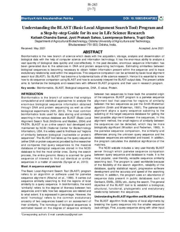 (PDF) Understanding the BLAST (Basic Local Alignment Search Tool ...