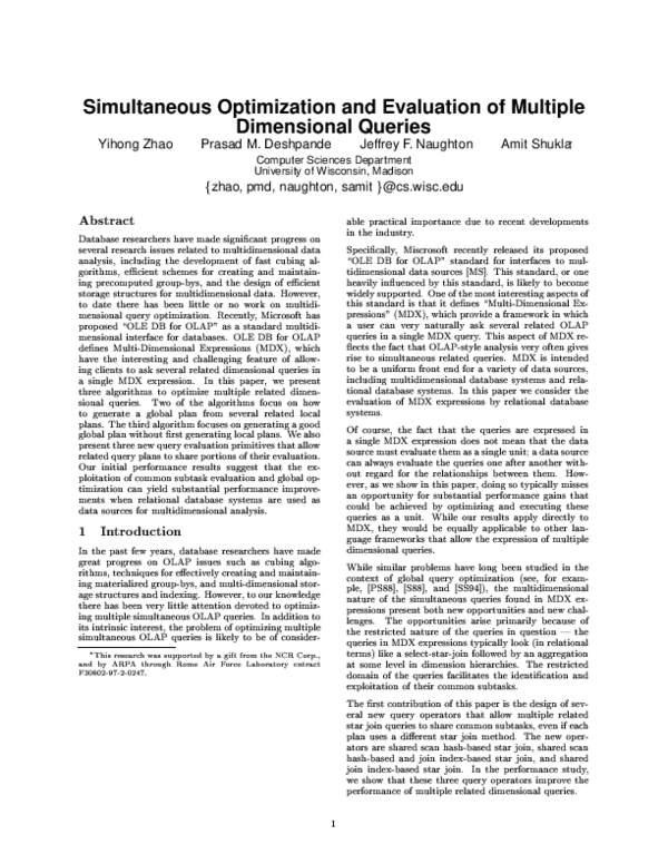 Pdf Simultaneous Optimization And Evaluation Of Multiple Dimensional Queries Amit Shukla