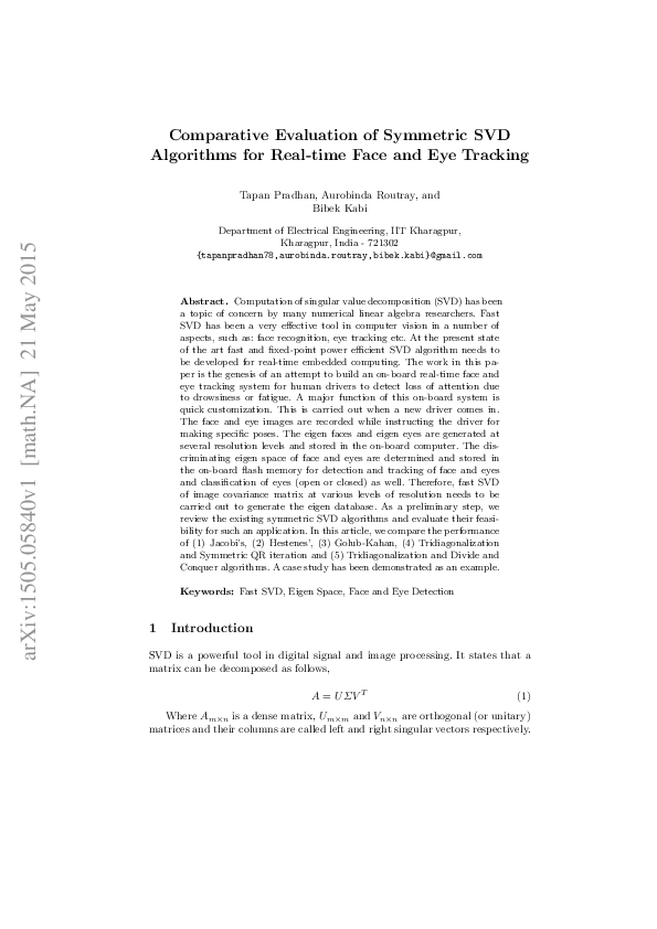 (PDF) Comparative Evaluation of Symmetric SVD Algorithms for Real-Time Face and Eye Tracking