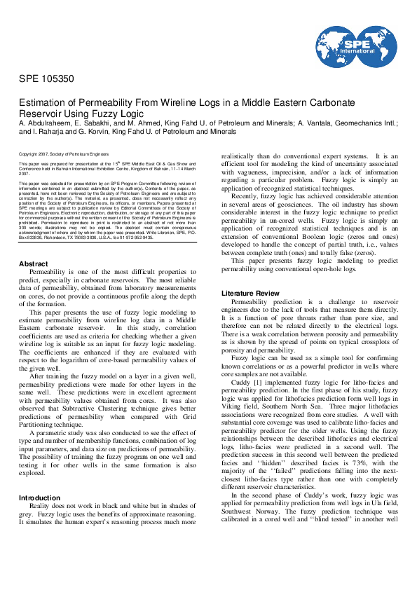 (PDF) Estimation of Permeability From Wireline Logs in a Middle Eastern Carbonate Reservoir ...