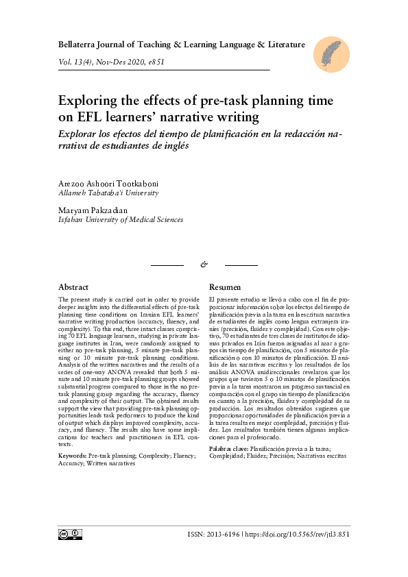 (PDF) Exploring the effects of pre-task planning time on EFL learners’ narrative writing