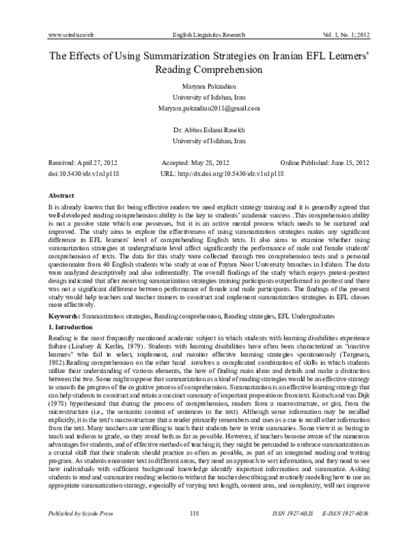 Pdf The Effects Of Using Summarization Strategies On Iranian Efl Learners Reading Comprehension