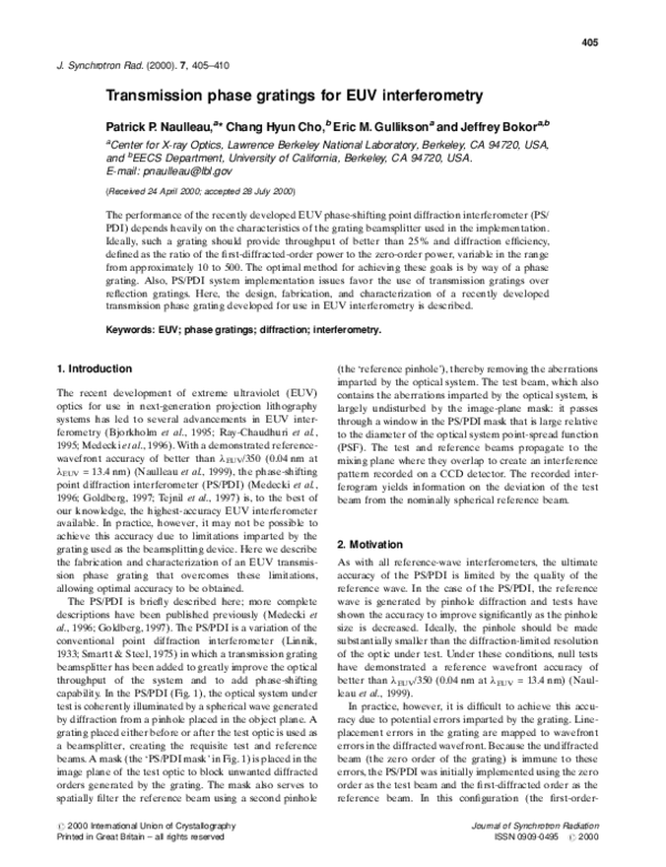 (PDF) Transmission phase gratings for EUV interferometry