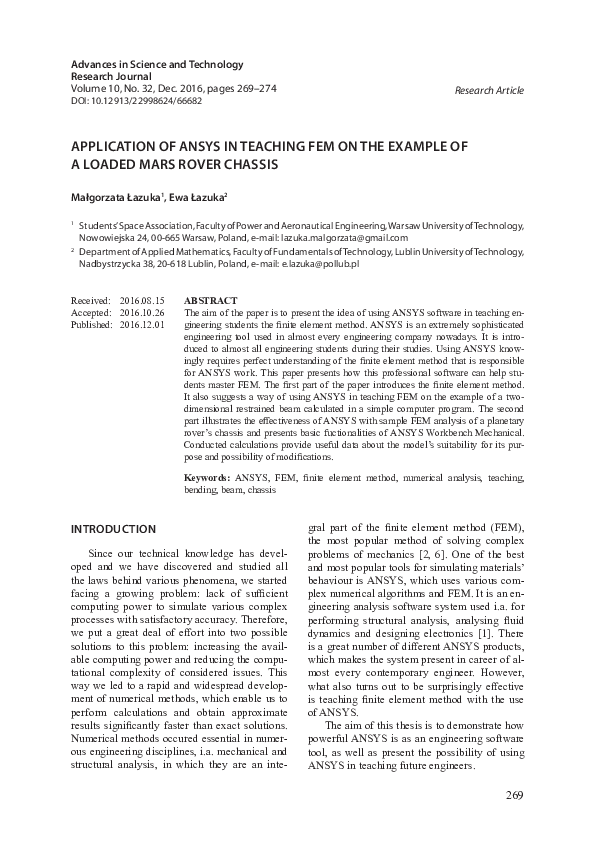 (PDF) Application of Ansys in Teaching Fem on the Example of a Loaded Mars Rover Chassis