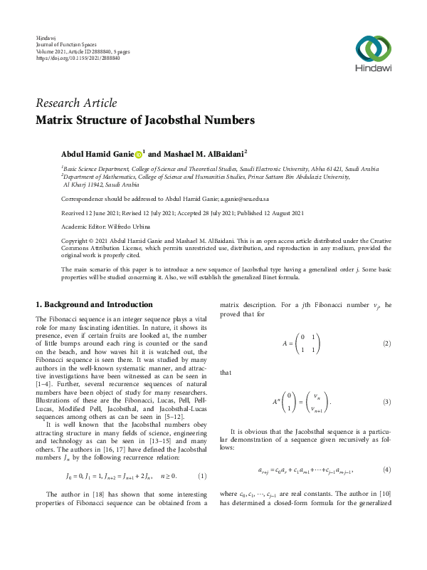 (PDF) Matrix Structure of Jacobsthal Numbers
