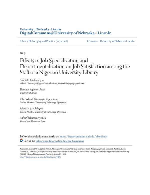 (PDF) Job Specialization and Satisfaction in Libraries