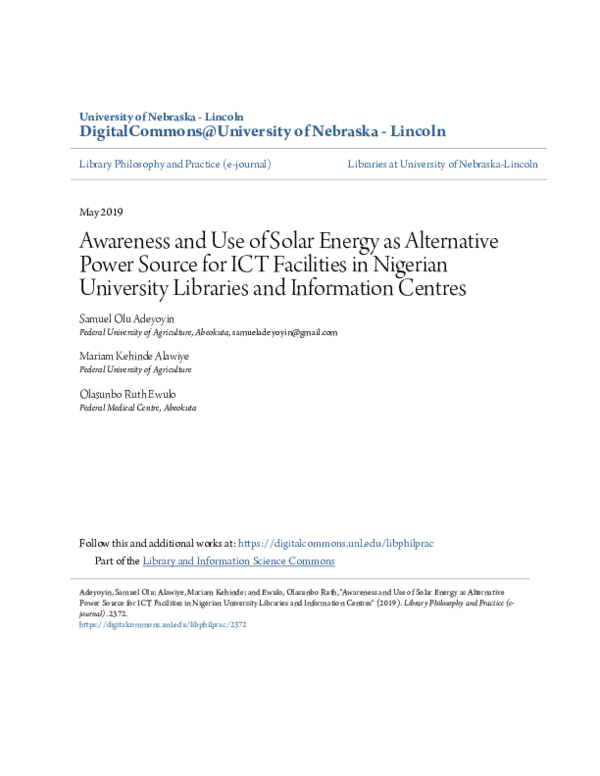 (PDF) Awareness and Use of Solar Energy as Alternative Power Source for ...
