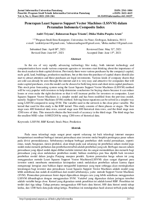 Pdf Penerapan Least Squares Support Vector Machines Lssvm Dalam