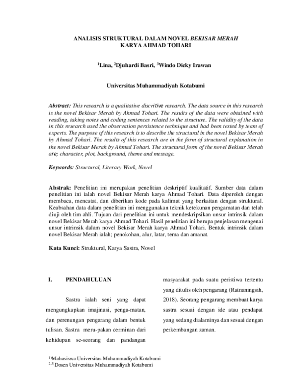 (PDF) Analisis Struktural Dalam Novel Bekisar Merah Karya Ahmad Tohari