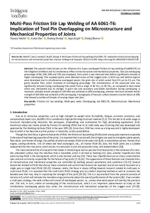 Pdf Multi Pass Friction Stir Lap Welding Of Aa 6061 T6 Implication