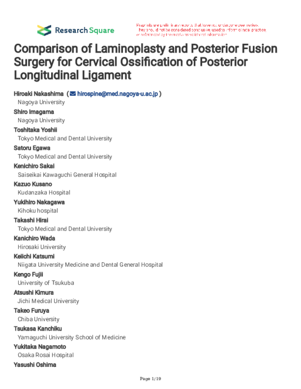 (PDF) Comparison of Laminoplasty and Posterior Fusion Surgery for ...