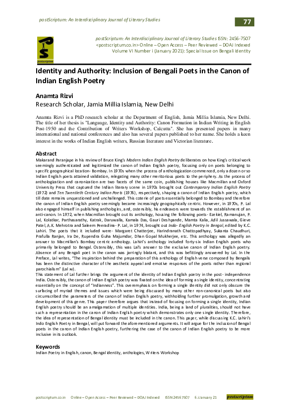(PDF) Identity and Authority: Inclusion of Bengali Poets in the Canon ...