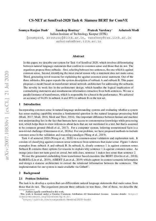 (PDF) CS-NET at SemEval-2020 Task 4: Siamese BERT for ComVE