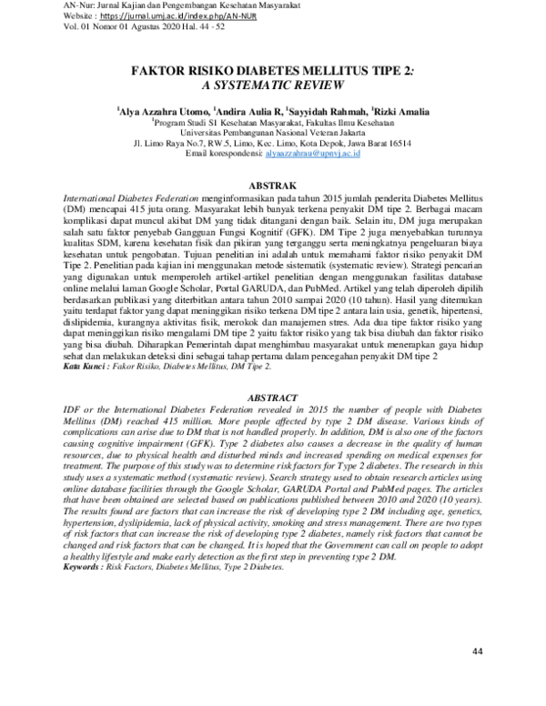 (PDF) Faktor Risiko Diabetes Mellitus Tipe 2: A Systematic Review