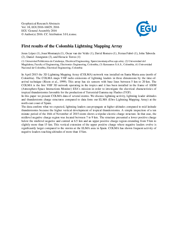 (PDF) First results of the Colombia Lightning Mapping Array | Jesus López M - Academia.edu
