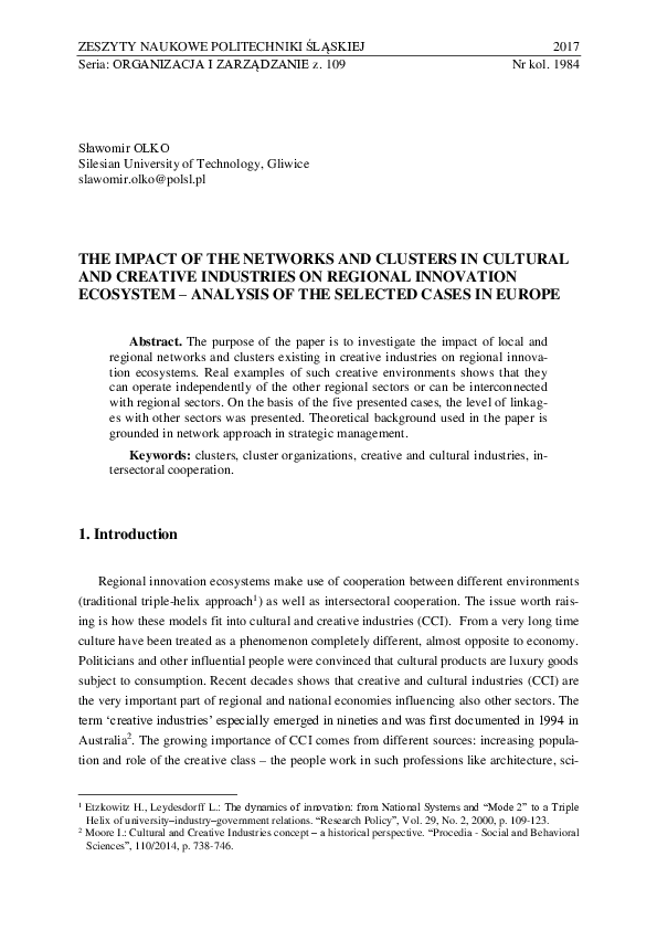 (PDF) The Impact of the Networks and Clusters in Cultural and Creative Industries on Regional ...