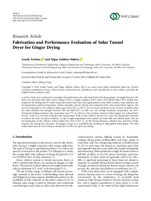 (PDF) Fabrication and Performance Evaluation of Solar Tunnel Dryer for ...