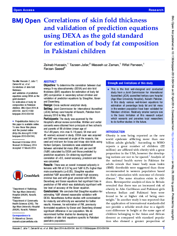 (PDF) Correlations of skin fold thickness and validation of prediction ...