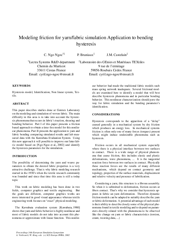 (PDF) Modeling friction for yarn/fabric simulation Application to bending hysteresis