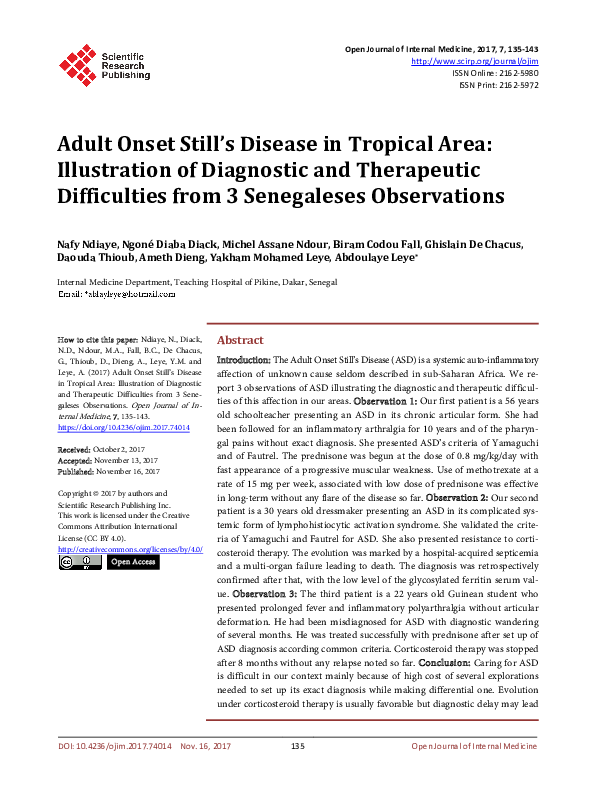 (PDF) Adult Onset Still’s Disease in Tropical Area: Illustration of ...