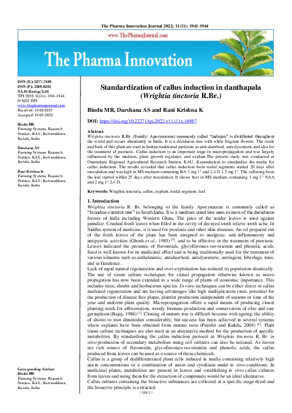 (PDF) Standardization of callus induction in danthapala (Wrightia ...