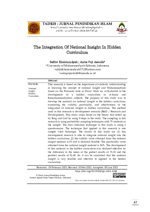 (PDF) The Integration of National Insight In Hidden Curriculum