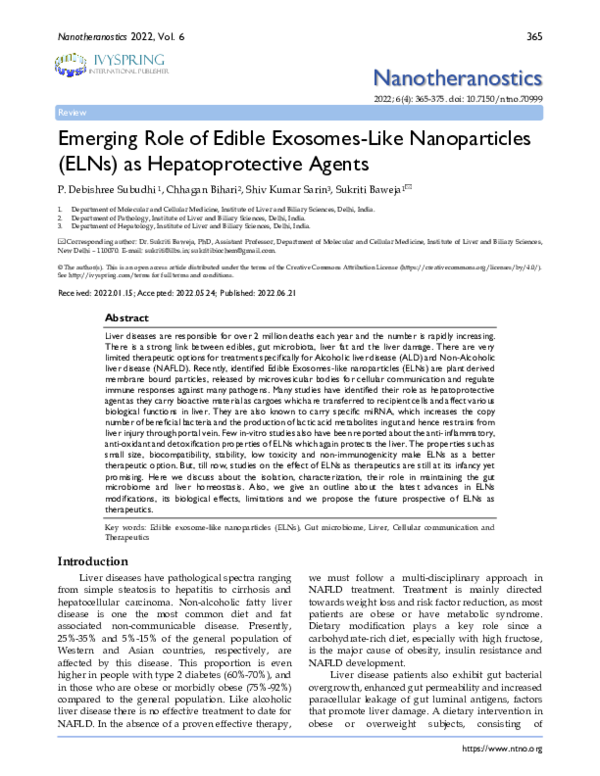 (PDF) Emerging Role of Edible Exosomes-Like Nanoparticles (ELNs) as Hepatoprotective Agents