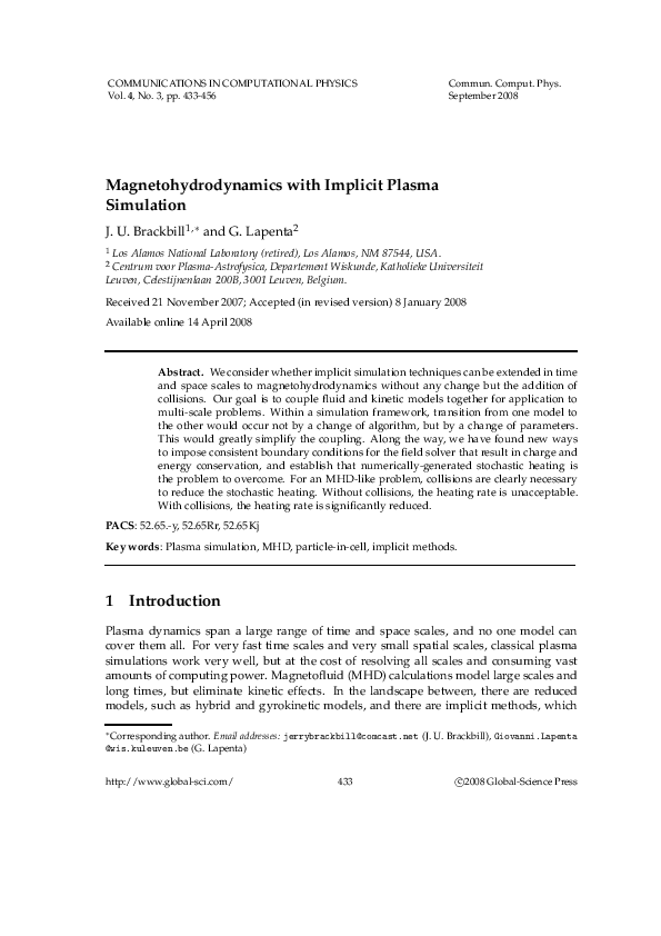 (PDF) Magnetohydrodynamics with Implicit Plasma Simulation