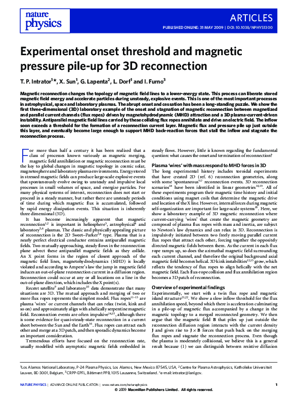 (PDF) Experimental onset threshold and magnetic pressure pile-up for 3D ...
