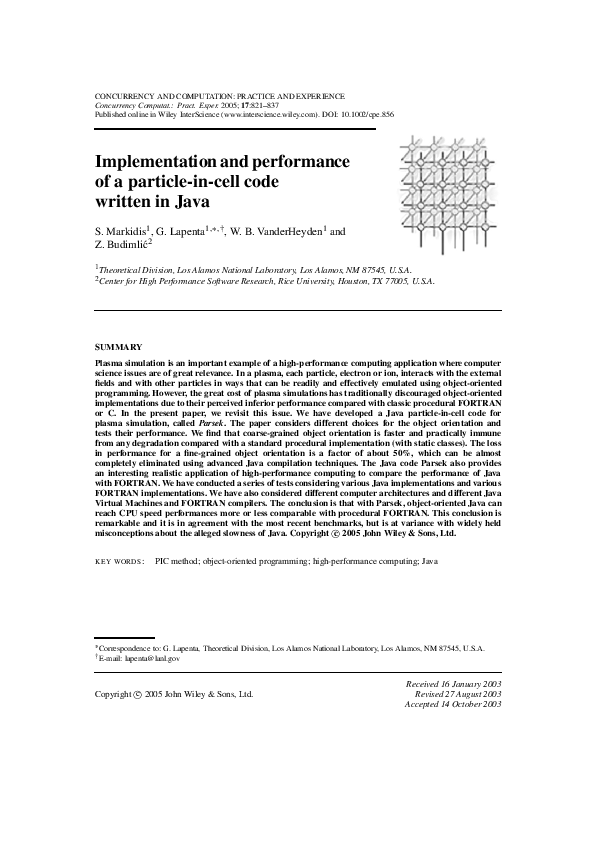 Pdf Implementation And Performance Of A Particle In Cell Code Written In Java