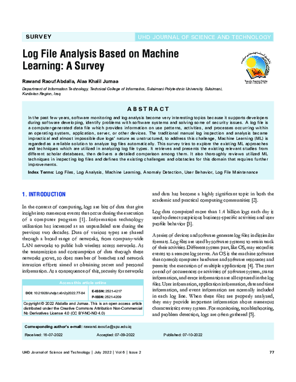 (PDF) Log File Analysis Based on Machine Learning: A Survey