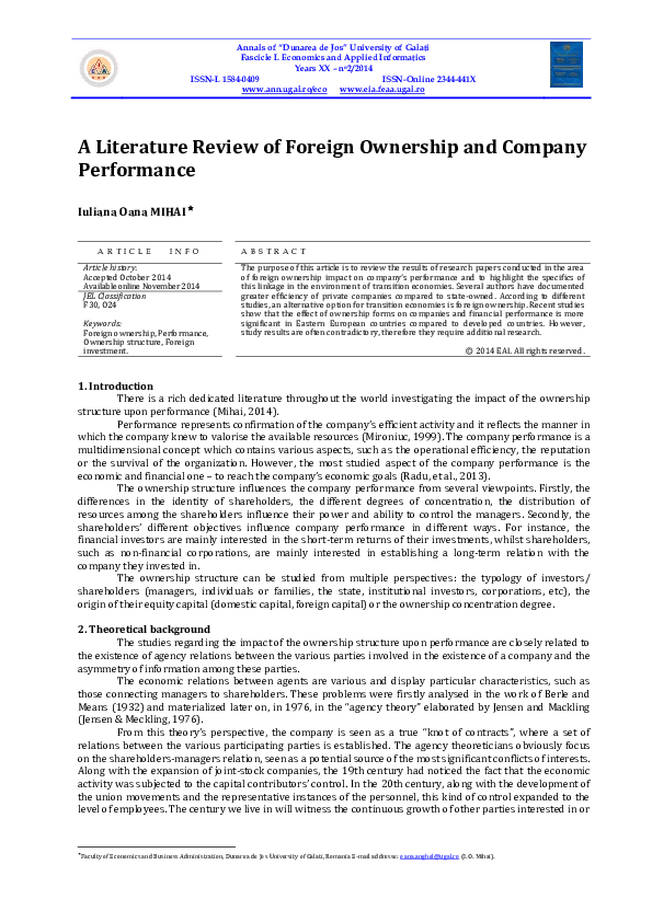 (PDF) A Literature Review of Foreign Ownership and Company Performance