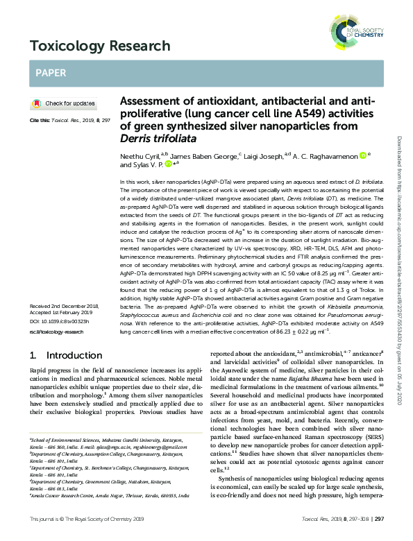 (PDF) Assessment of antioxidant, antibacterial and anti-proliferative (lung cancer cell line ...
