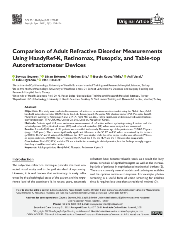 (PDF) Comparison of Refractive Disorders in Adulthood Measured by Using ...