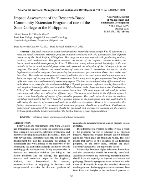 (PDF) Impact Assessment of the Research-Based Community Extension ...