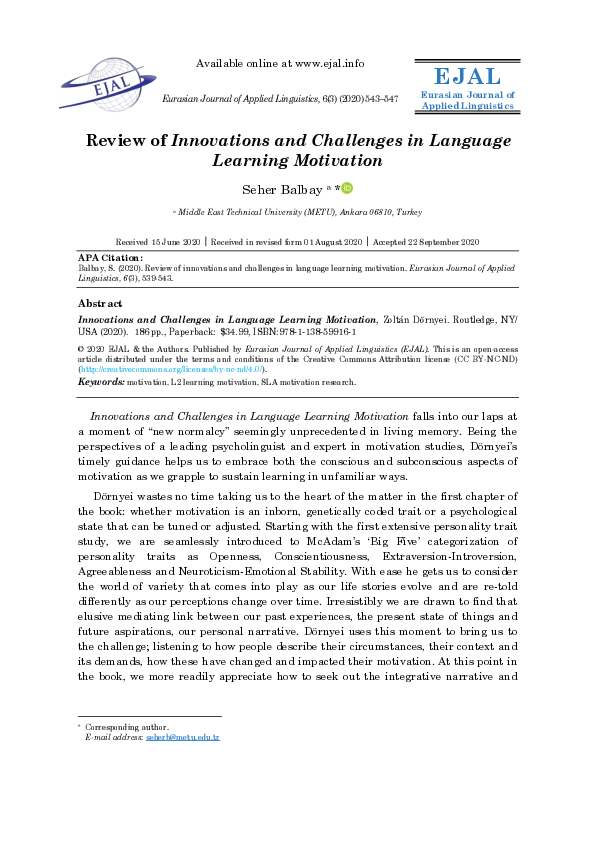 (PDF) Review of Innovations and Challenges in Language Learning Motivation