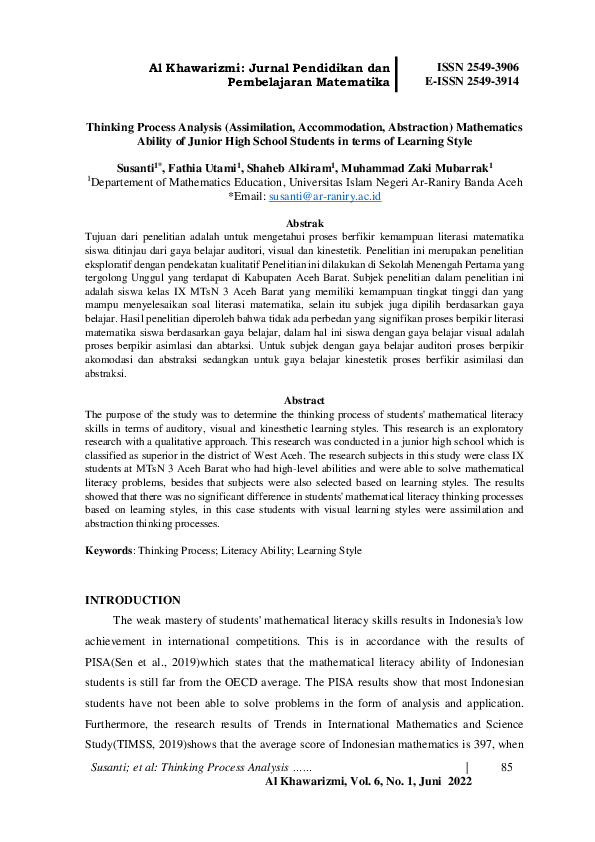 (PDF) Thinking Process Analysis (Assimilation, Accommodation ...