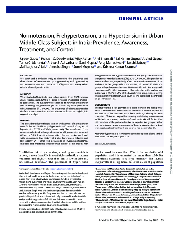(PDF) Normotension, prehypertension, and hypertension in urban middle ...